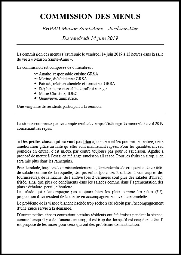 La commission des menus - EHPAD Maison Sainte Anne Jard sur Mer